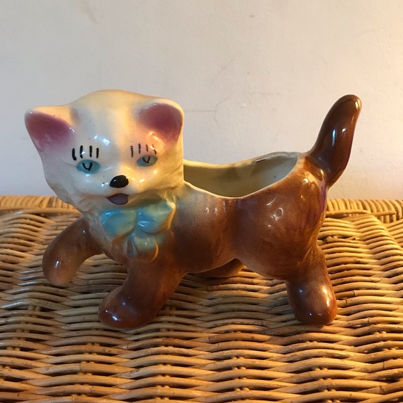Accents | Vintage Walking Cat Kitty Planter Blue Ribbon | Poshmark